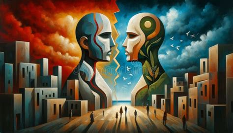 Abstract Art Concept Of Divorce Two People Separating Fighting Original Illustration Stock