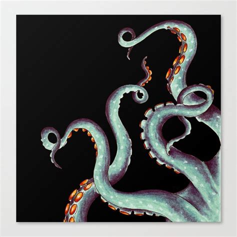 Teal Tentacles Octopus On Black Canvas Print By Seven Sirens Studios