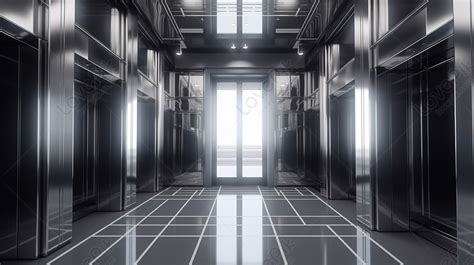 복도 근처에 위치한 비즈니스 호텔의 스테인레스 스틸 디자인의 고급스럽고 현대적인 엘리베이터 로비에 대한 놀라운 3d 렌더링 고급 호텔 배경 현대적 배경 위치 배경