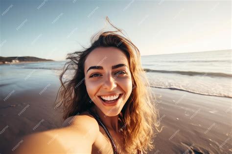 Premium Ai Image Shot Of A Young Woman Taking Selfies At The Beach