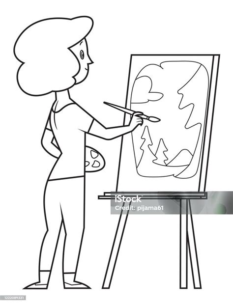 흑백 팔레트 브러시 및 이젤로 페인팅하는 아티스트 여성 붓에 대한 스톡 벡터 아트 및 기타 이미지 붓 화가 예술가 가정의 방 Istock