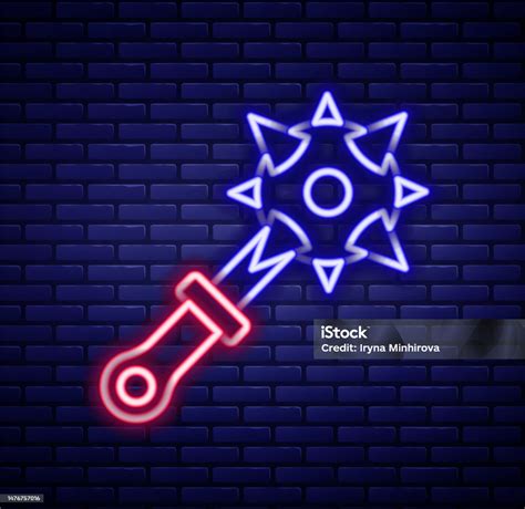 빛나는 네온 라인 벽돌 벽 배경에 격리된 중세 사슬로 묶인 철퇴 공 아이콘 모르겐슈테른 중세 무기 또는 스파이크가 있는 철퇴 다채로운 개요 개념입니다 벡터 강철에 대한 스톡