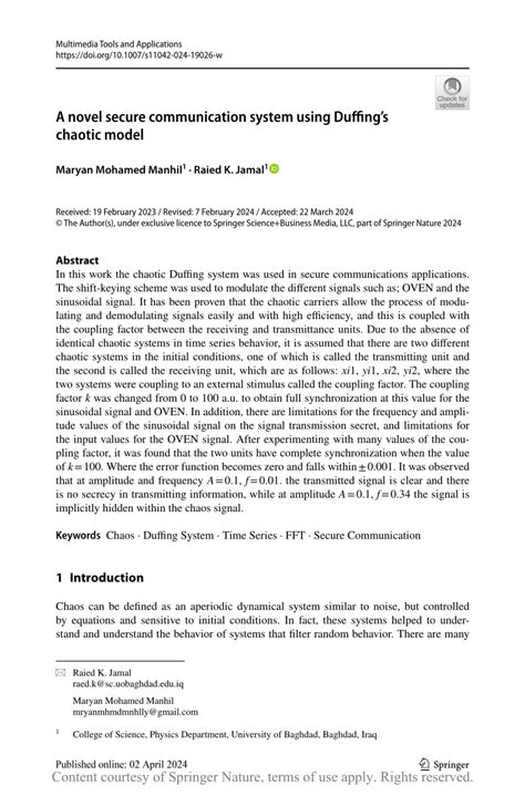 a novel secure communication system using duffing s chaotic model