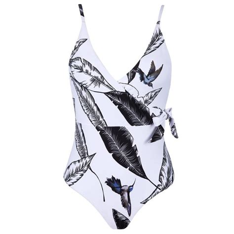 Sexy Leaf Print One Piece Swimsuit Plunge Tie Side Swimwear For Women