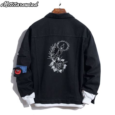 Lente Herfst Jeans Jas Mannen Borduren Zwart Nep T Grandado