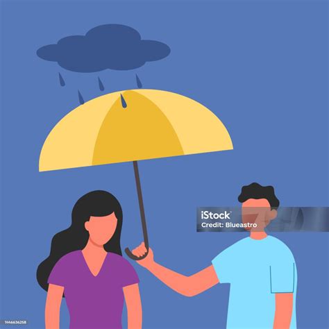 우울한 우는 여자 친구를 위로하는 남자 그는 파트너의 스트레스를 해소하는 데 도움을 줍니다 여자는 우는 남자와 평평한 디자인에 떨어지는 비를 방지하기 위해 우산을 들고 고독