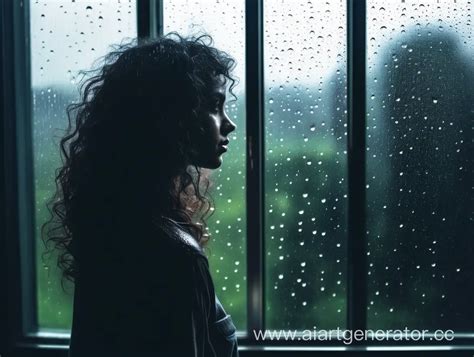 Curlyhaired Girl Contemplating Rainy Day From Dark Room Window Ai Art Generator