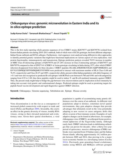 Pdf Chikungunya Virus Genomic Microevolution In Eastern India And Its In Silico Epitope