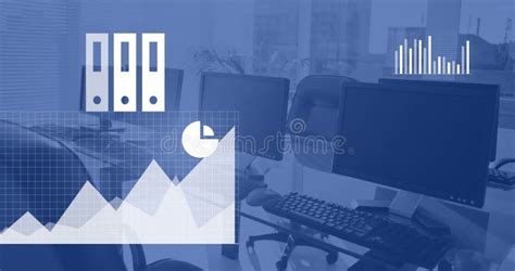 Animation Of Multiple Icons Map And Graphs Over Computers On Desk In