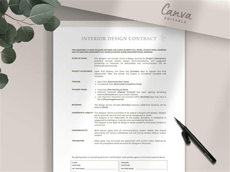 Simple Interior Design Contract Template 1 Page E Design Service