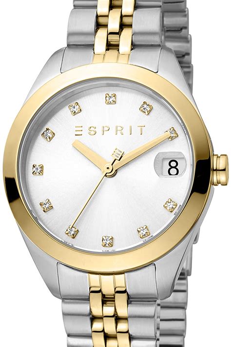 Esprit, Двуцветен часовник от неръждаема стомана и гривна, Сребрист ...