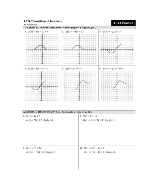 112a Practice Graphical And Algebraic Transformations In Ap Precalculus