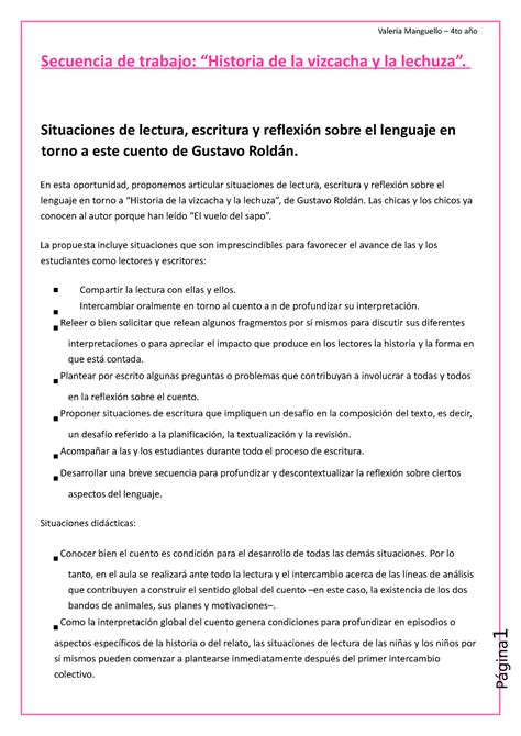 Secuencia Historia DE LA Lechuza Y LA Vizcacha Secuencia De Trabajo