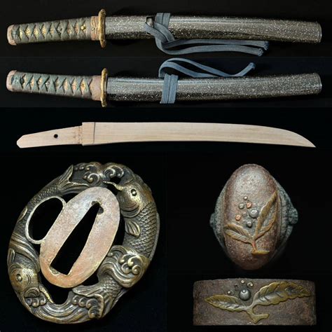 Yahooオークション 拵 螺鈿微塵塗鞘短刀拵 波鯉透図鍔 真鍮地 細密