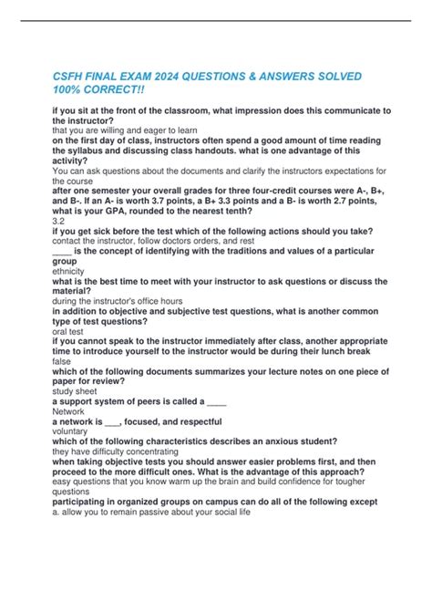 Csfh Final Exam 2024 Questions And Answers Solved 100 Correct Csfh Final Exam 2024 Questions