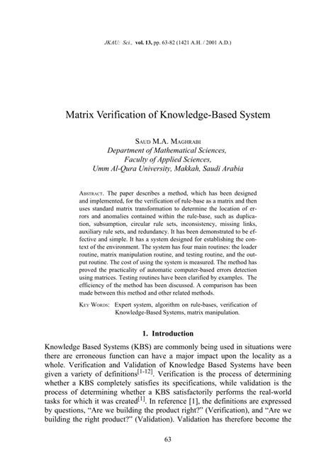 Pdf Matrix Verification Of Knowledge Based System