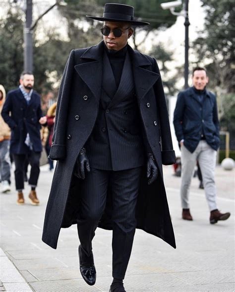 All Black Elegant Outfit Men Black Suit With Overcoat Formal Black