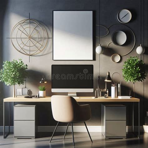 Modern Office Workspace With A Computer Desk And Lamp Generative Ai For Illustrati Stock