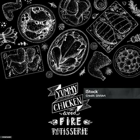 닭 고기 구운 닭고기와 튀김 손으로 그린 스케치 그림입니다 구운 닭고기 고기 상단 보기 프레임 벡터 그림입니다 새겨진 디자인 레스토랑 메뉴 디자인 템플릿입니다 정육점 주인에