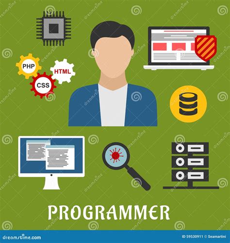 Programmer And Devices Flat Icons Stock Vector Illustration Of Flat
