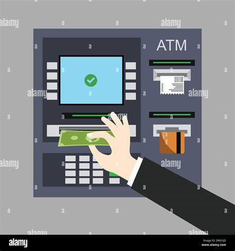 Hand Getting Money From Atm Machine Slot Withdrawing Dollar Banknote Vector Banking