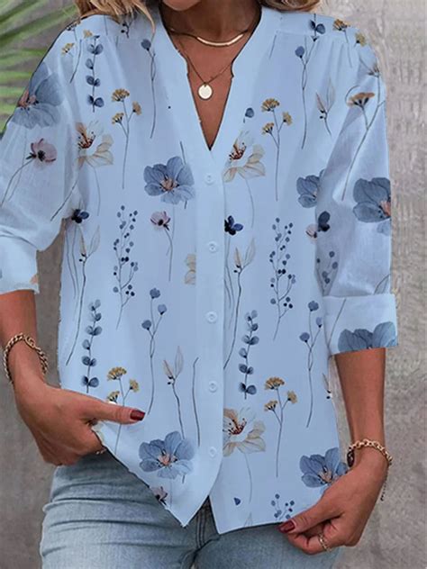 V Neck Casual Floral Loose Buttoned Down Long Sleeve Blouse Roselinlin
