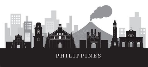 Philippines Landmarks Skyline In Black And White Silhouette Stock