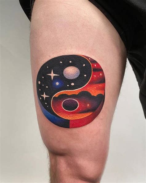 3d Yin Yang Tattoo Located On The Thigh