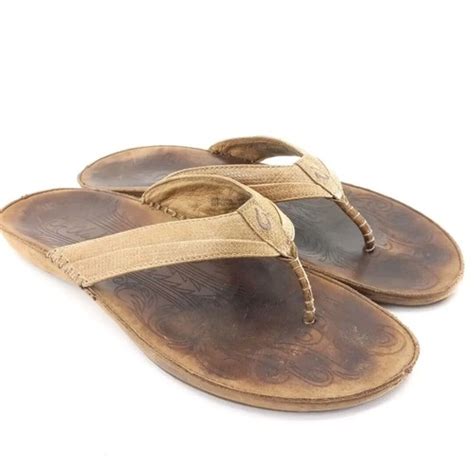 Olukai Haiku Flip Flop Thong Sandals Tan Brown Leather Womens Size 11 Ebay