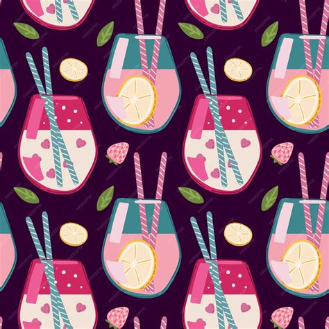 칵테일 원활한 패턴 패브릭에 인쇄하기 위한 반복 디자인 요소 여름 시즌과 더운 날씨의 상징 얼음 주스와 탄산음료가 포함된 상쾌한 음료 만화 플랫 벡터 그림 프리미엄 벡터