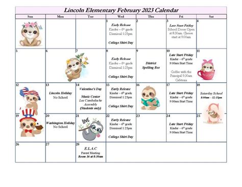 February School Calendar Lincoln Elementary School