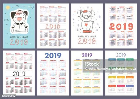 달력 2019입니다 다채로운 영어 설정합니다 주는 일요일에 시작 됩니다 돼지입니다 만화 돼지입니다 중국 별자리입니다 새해 복