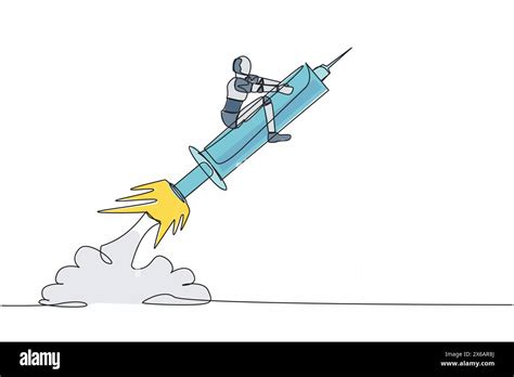 Continuous One Line Drawing Robot Riding Syringe Rocket Flying In The