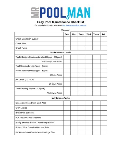 Mr Pool Mans Printable Pool Maintenance Checklist