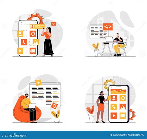 UI UX Development Concept With Character Set Collection Of Scenes People Creating User