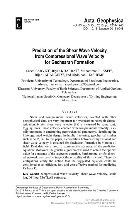 Pdf Prediction Of The Shear Wave Velocity From Compressional Wave Velocity For Gachsaran Formation