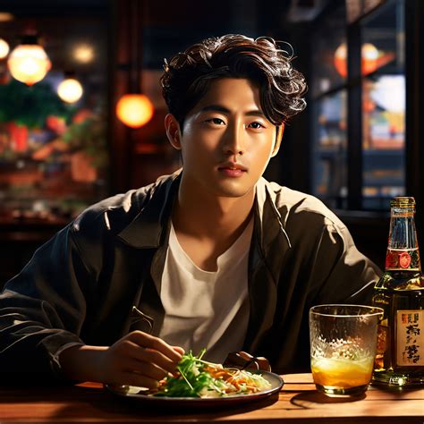Young Korean Man He Having Dinner With Drink Of Soju After By Sang