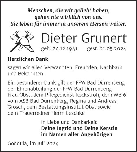 Traueranzeigen Von Dieter Grunert Abschied Nehmen De
