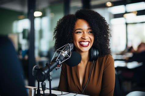 Premium Photo A Black Woman Giving An Interview On A Podcast