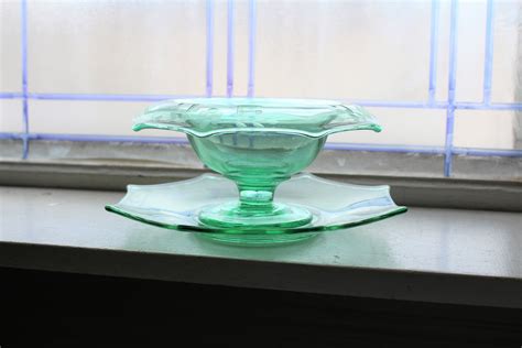 Art Deco Pedestal Bowl And Underplate Etched Green Glass Vintage 1920s