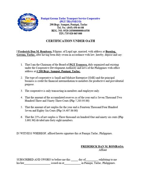 Certification Under Oath Transeco Pdf