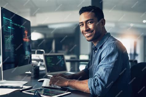 Premium Photo Portrait Man And Smile Of Programmer On Computer In Office Workplace At Night It