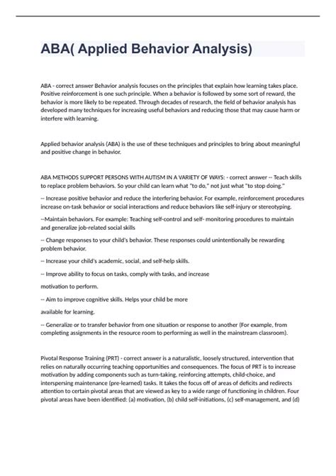 Aba Applied Behavior Analysis Questions And Answers Graded A Qaba