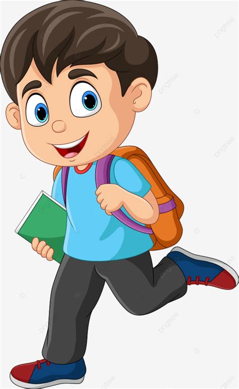 Niño Pequeño De Dibujos Animados Con Mochila Y Libro Corriendo PNG