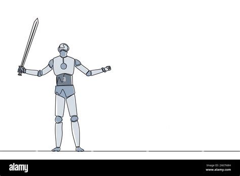 Continuous One Line Drawing Robots Standing And Lifting Up Big Sword Humanoid Robot Cybernetic