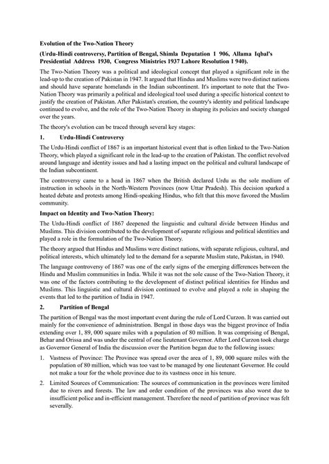 Solution Evolution Of The Two Nation Theory Urdu Hindi Controversy Partition Of Bengal