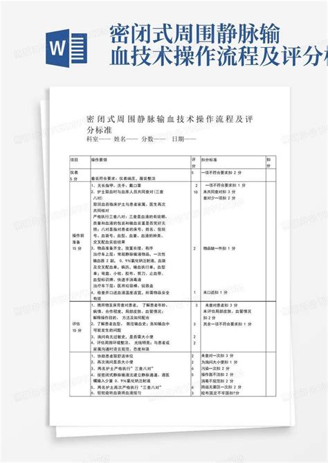 密闭式周围静脉输血技术操作流程及评分标准Word模板下载 编号qnxvyaae 熊猫办公