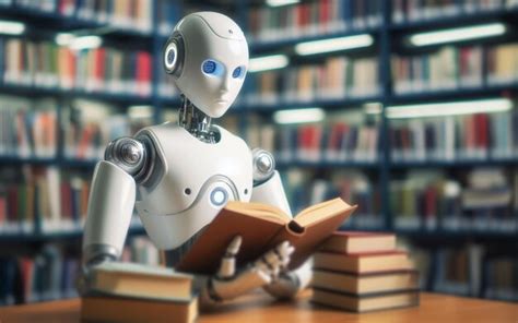Artificial Intelligence Or Ai Robot Reads A Book In The Library Concept