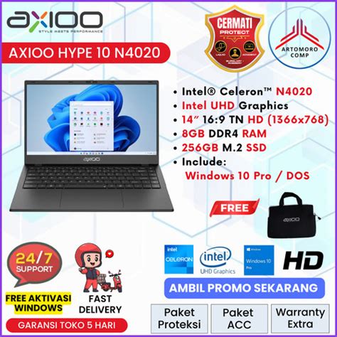 Promo Axioo Hype 10 Intel N4020 Ram 8gb Ssd 256gb Windows 10 Pro 14 Hd Laptop Sekolah Dos