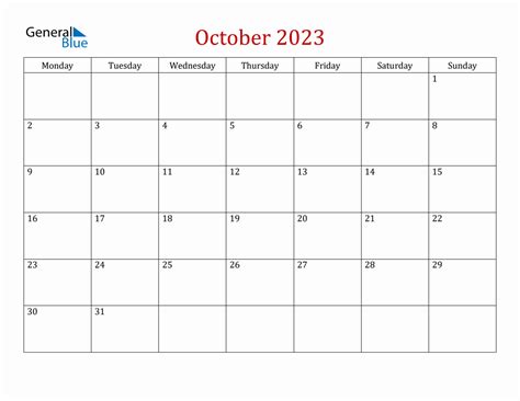 October 2023 Simple Calendar Monday Start